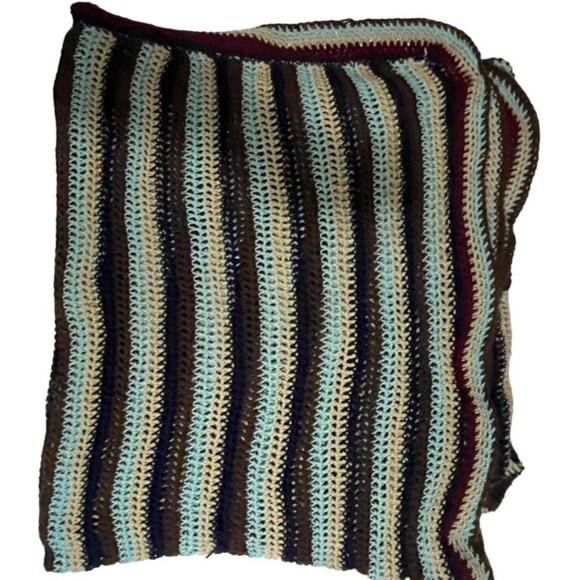 Handmade | Bedding | Handmade Crocheted Blanket Strip Blue Brown Red ...